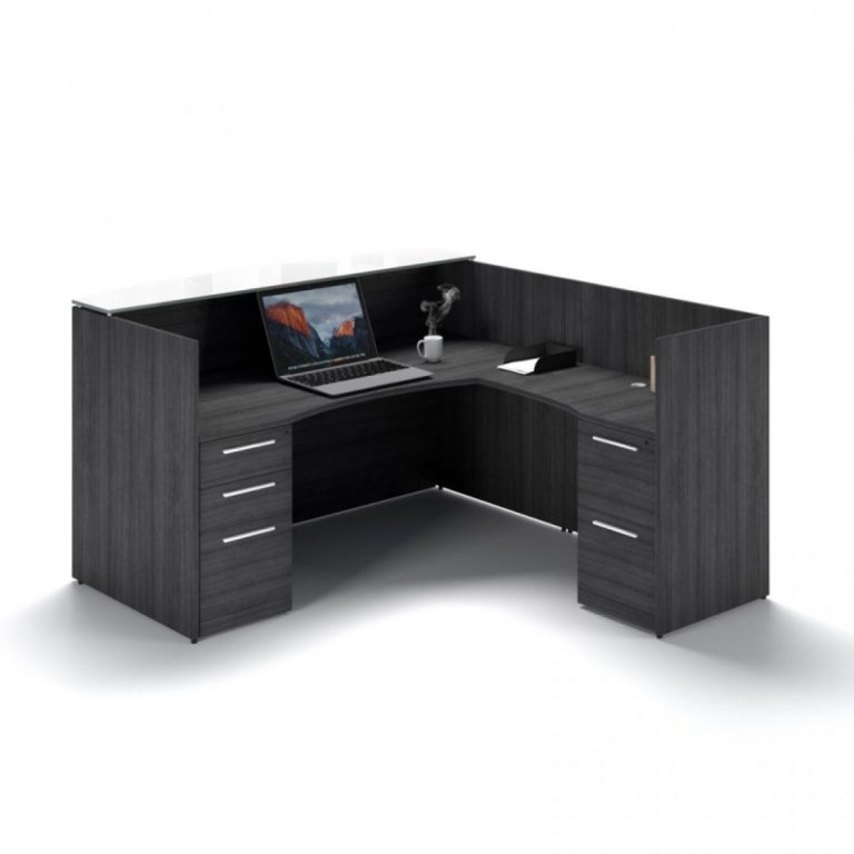 L Shaped Reception Desk with White Glass Transaction Counter ...